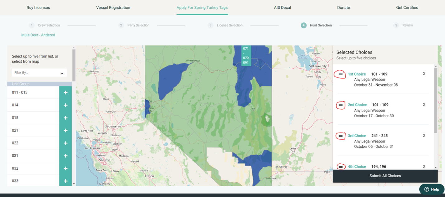 How to reorder hunt unit choices. – Nevada Department of Wildlife